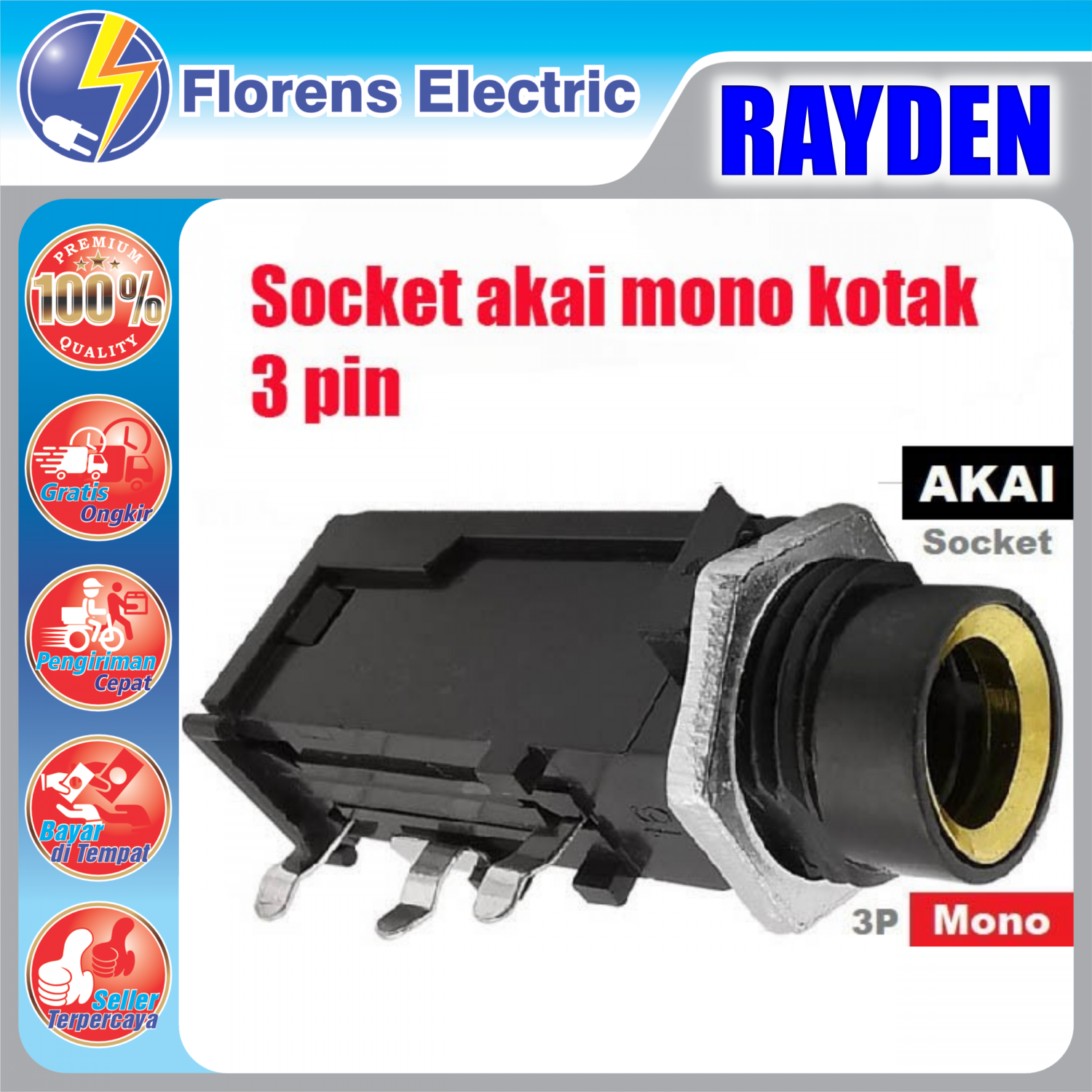 Jual socket akai mono 3 kaki RAYDEN model segi panjang 6.5mm