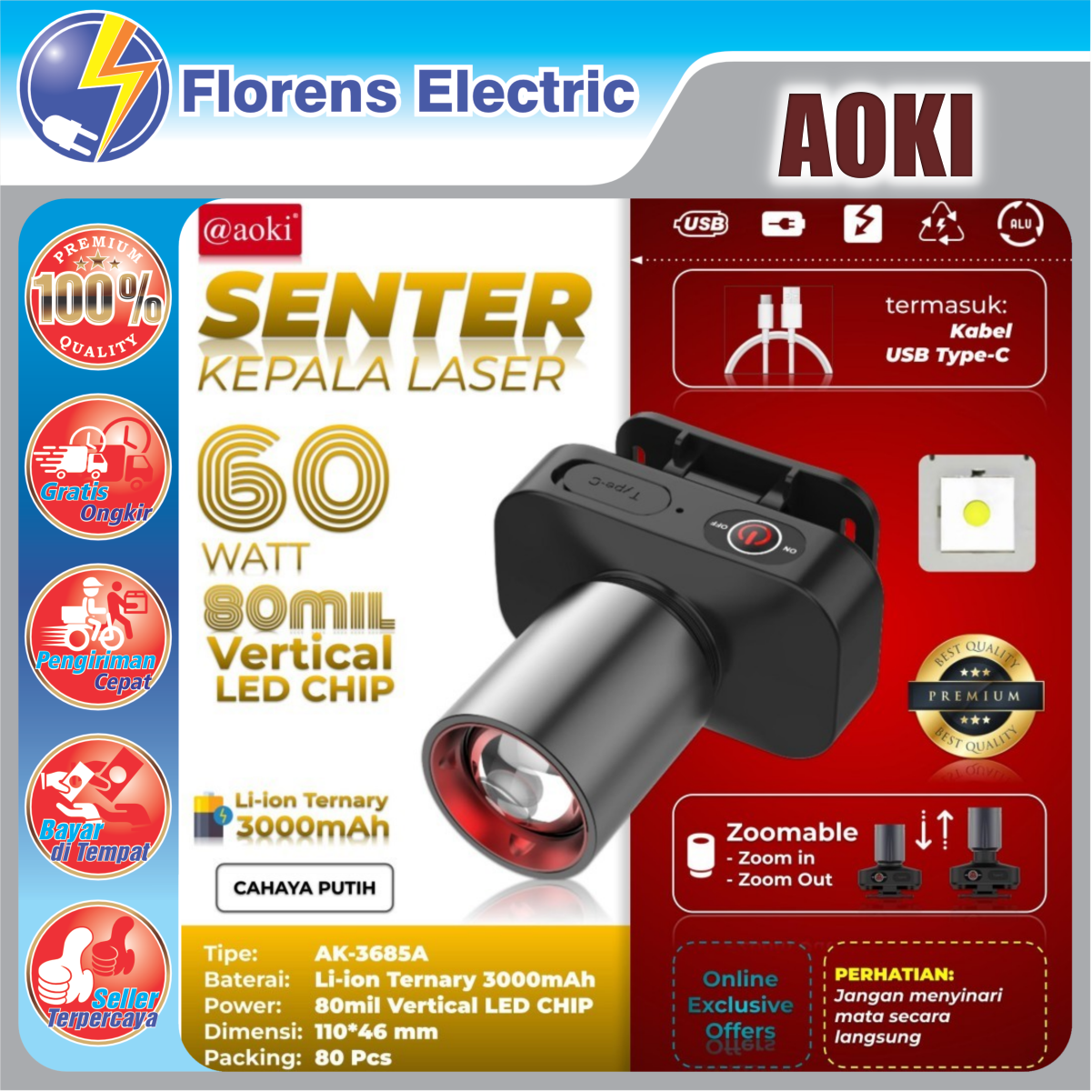 Jual AOKI AK-3685 Senter Kepala zoom 60w alumunium RechargePro
