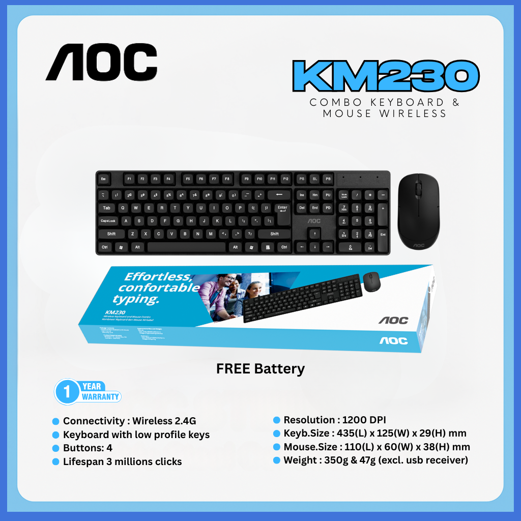 Jual Keyboard Mouse Combo AOC KM230 Wireless Garansi 1 Tahun