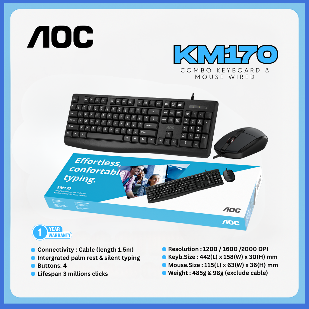 Jual Keyboard Mouse Combo AOC KM170 Wired Garansi 1 Tahun