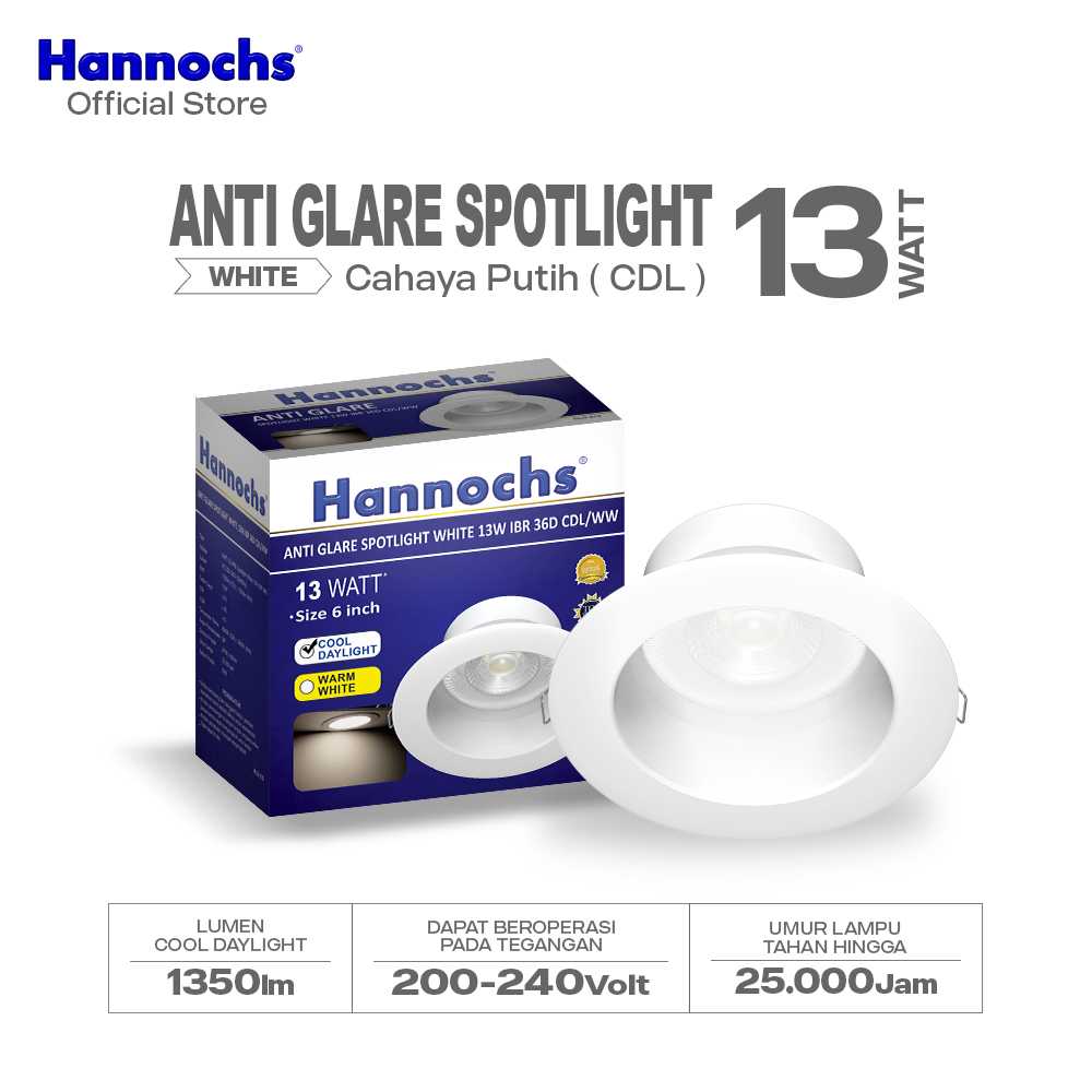 Jual Hannochs LED Anti Glare Spotlight White 13W IBR 36D Cahaya
