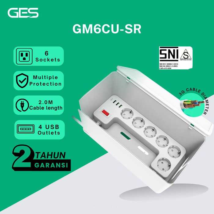 Jual GES GM6CU-SR Stop Kontak 6 Lubang 4 Port USB Anti Petir