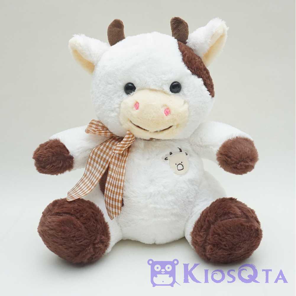 Jual boneka sapi coklat putih duduk pita kotak kotak sitting cow