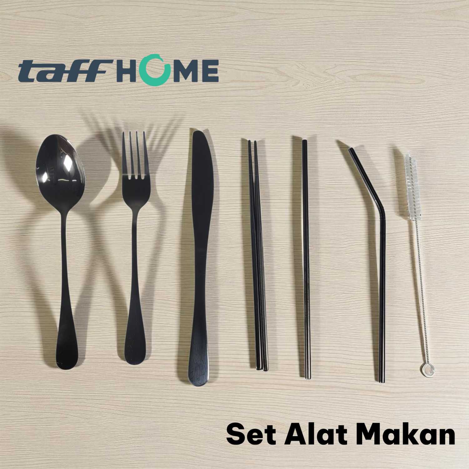 Jual TaffHOME Set Alat Makan Sendok Garpu Pisau Sumpit Sedotan