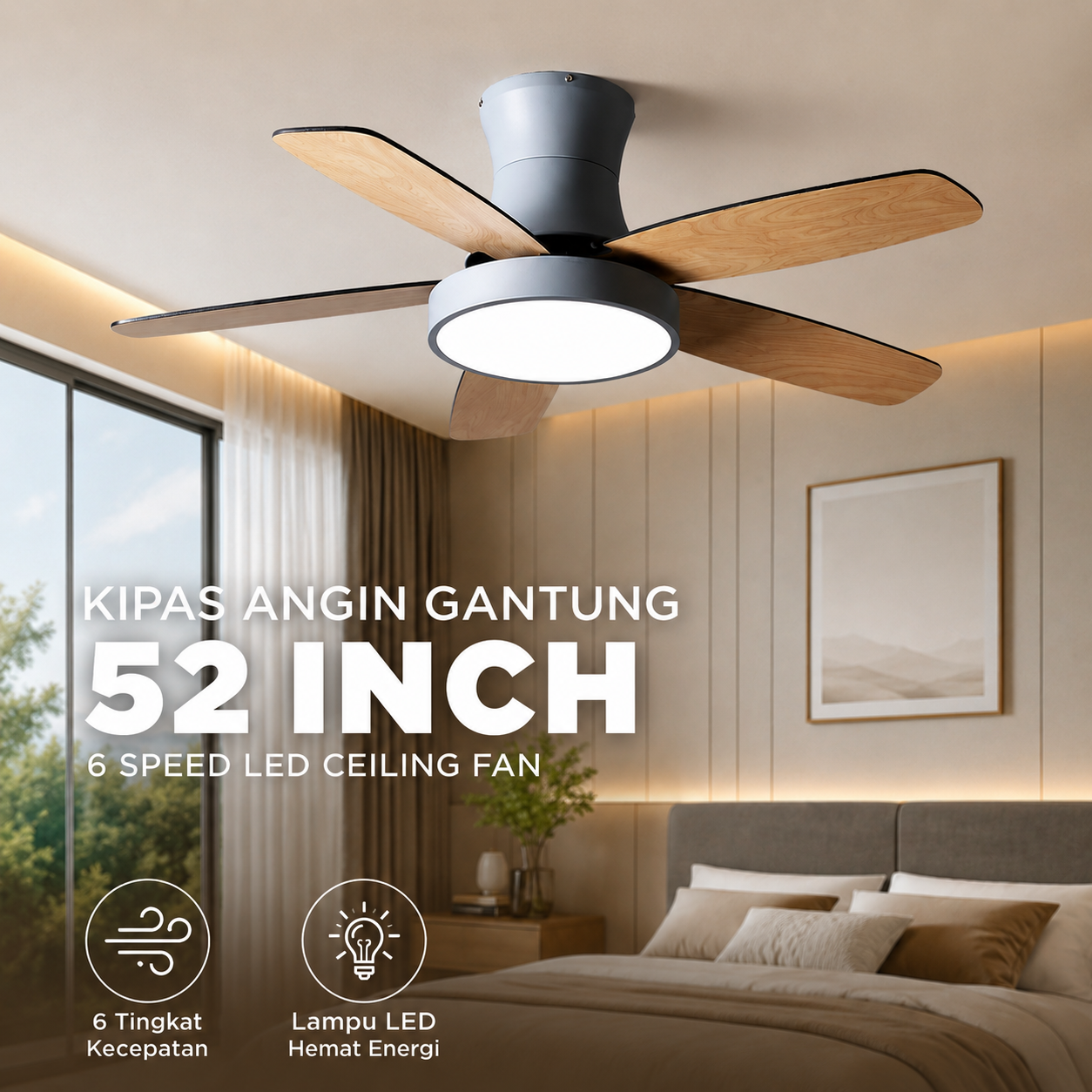 Jual SOVE Kipas Angin Gantung Plafon Ceiling Fan 6 Speed LED 52